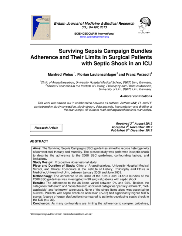 (PDF) Surviving Sepsis Campaign Bundles Adherence and Their Limits in ...