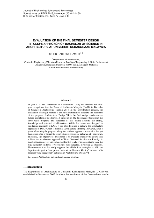 (PDF) Evaluation of the final semester design studio’s approach of ...