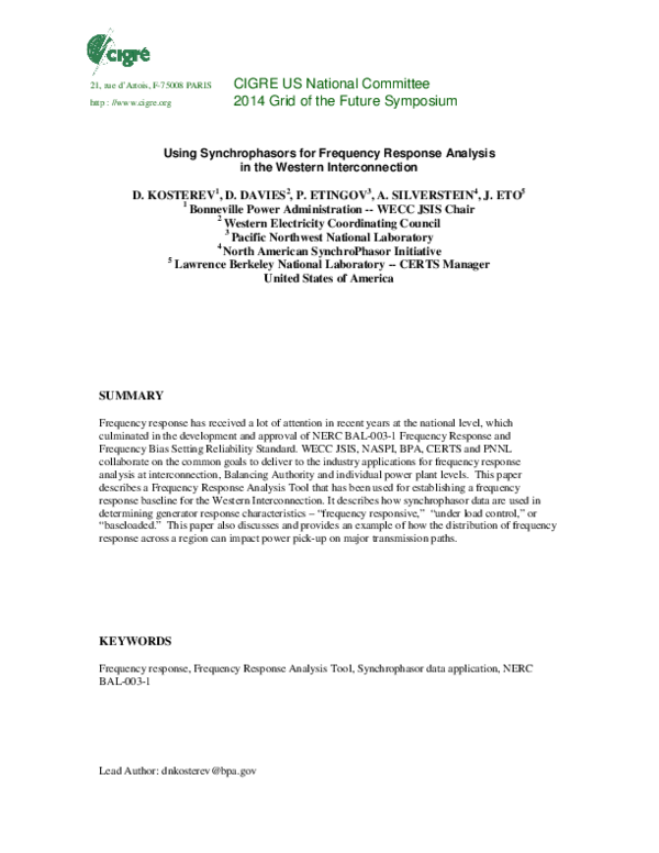 (PDF) Using Synchrophasors for Frequency Response Analysis in the Western Interconnection