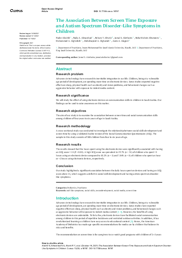 (PDF) The Association Between Screen Time Exposure and Autism Spectrum ...