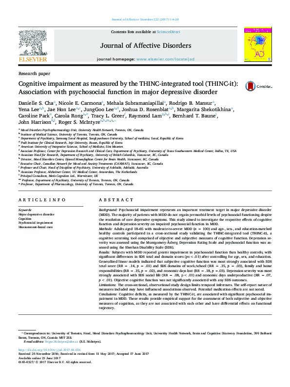 (PDF) Cognitive impairment as measured by the THINC-integrated tool ...