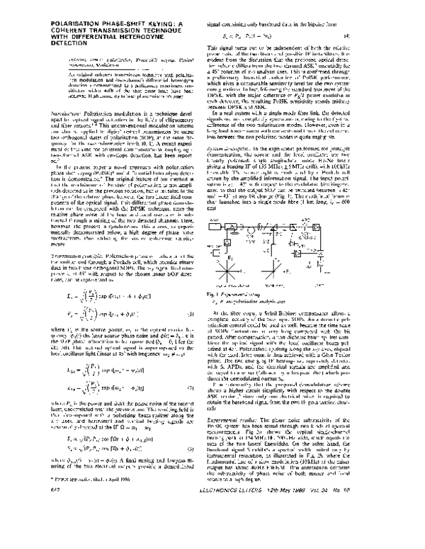 Pdf Polarisation Phase Shift Keying A Coherent Transmission Technique With Differential