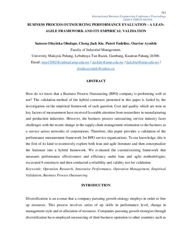 (PDF) Business Process Outsourcing Performance Evaluation: A Lean-Agile Framework and Its ...