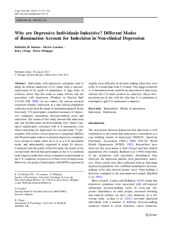 (PDF) Why are Depressive Individuals Indecisive? Different Modes of ...