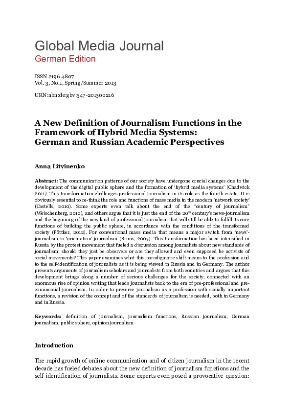 (PDF) A New Definition of Journalism Functions in the Framework of ...