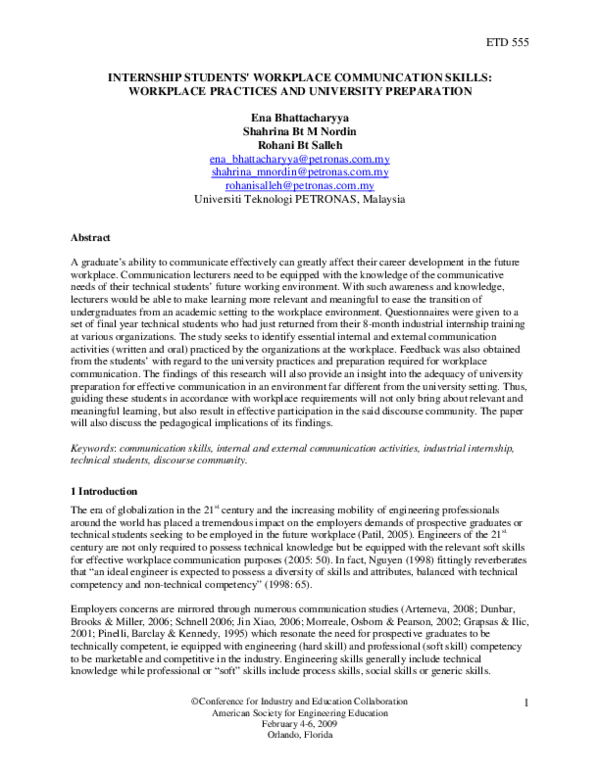 (PDF) Internship Students’ Workplace Communication Skills: Workplace ...