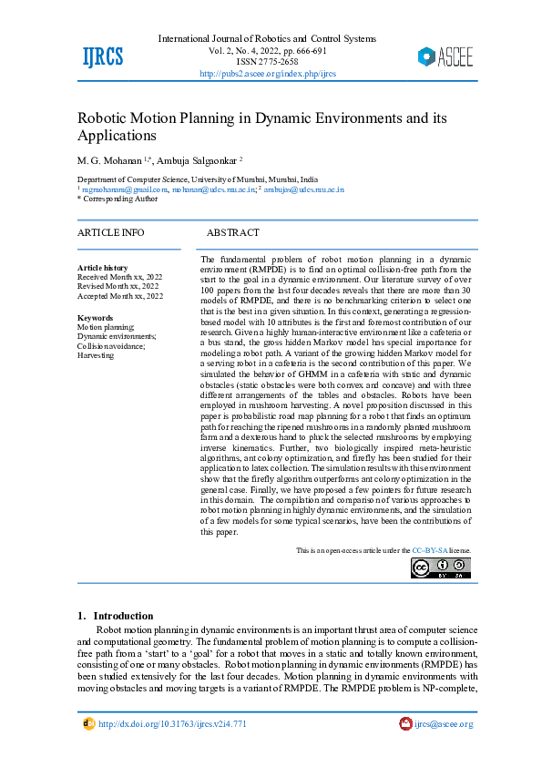 (PDF) Robotic Motion Planning in Dynamic Environments and its Applications