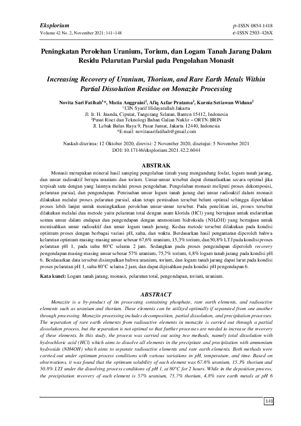 (PDF) Peningkatan Perolehan Uranium, Torium, dan Logam Tanah Jarang ...