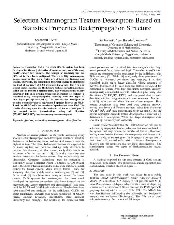 Pdf Selection Mammogram Texture Descriptors Based On Statistics Properties Backpropagation