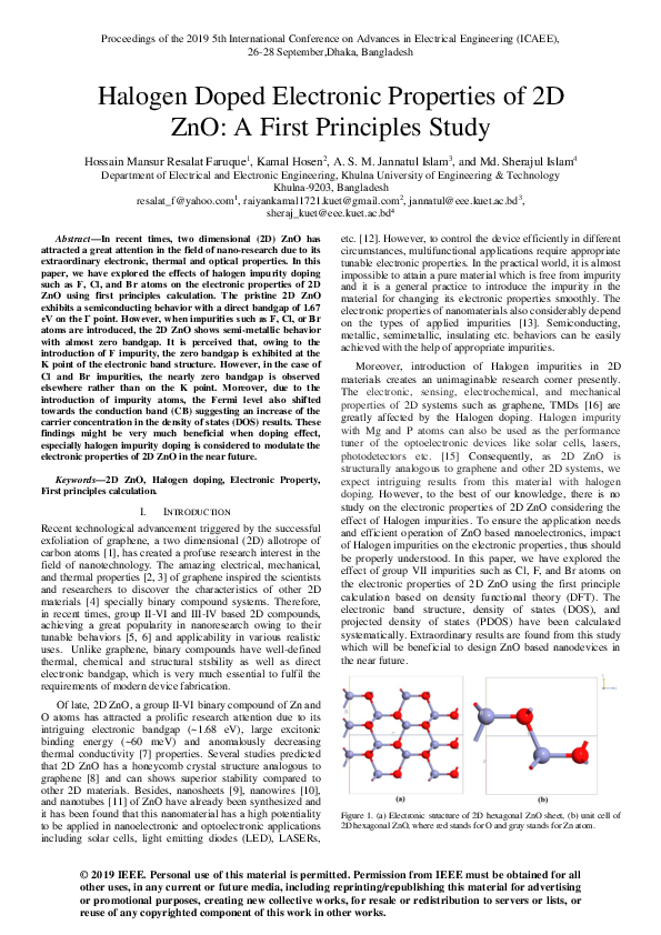 (PDF) Halogen Doped Electronic Properties of 2D ZnO: A First Principles Study