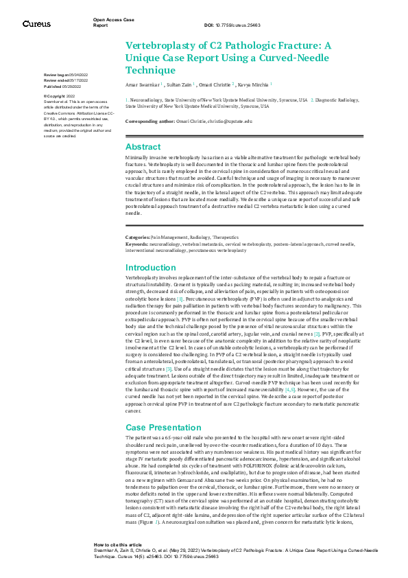 (PDF) Vertebroplasty of C2 Pathologic Fracture: A Unique Case Report Using a Curved-Needle Technique