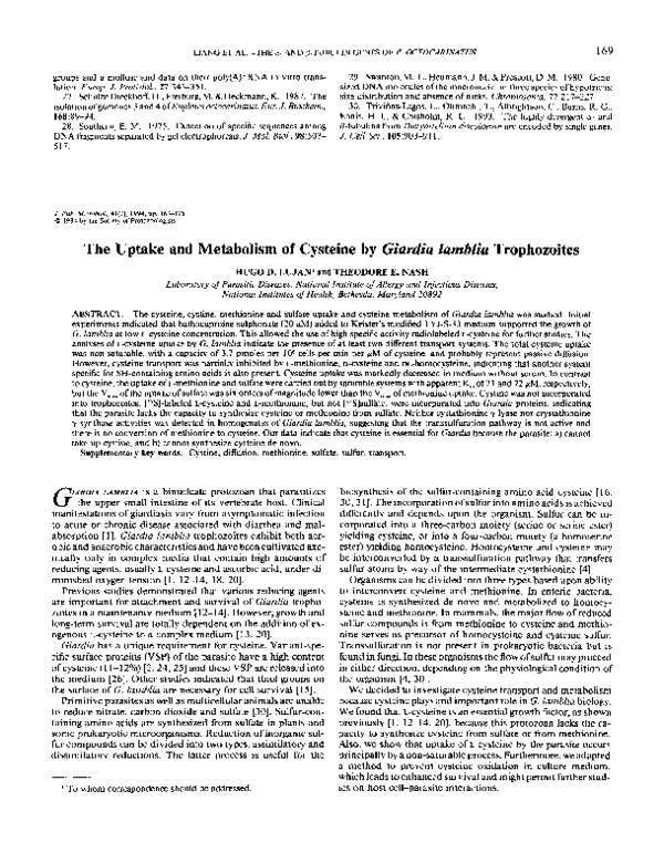 (PDF) The Uptake and Metabolism of Cysteine by Giardia lamblia Trophozoites