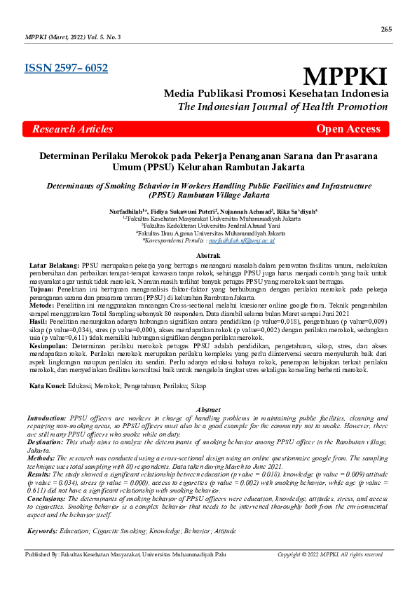 (PDF) Determinan Perilaku Merokok pada Pekerja Penanganan Sarana dan Prasarana Umum (PPSU ...