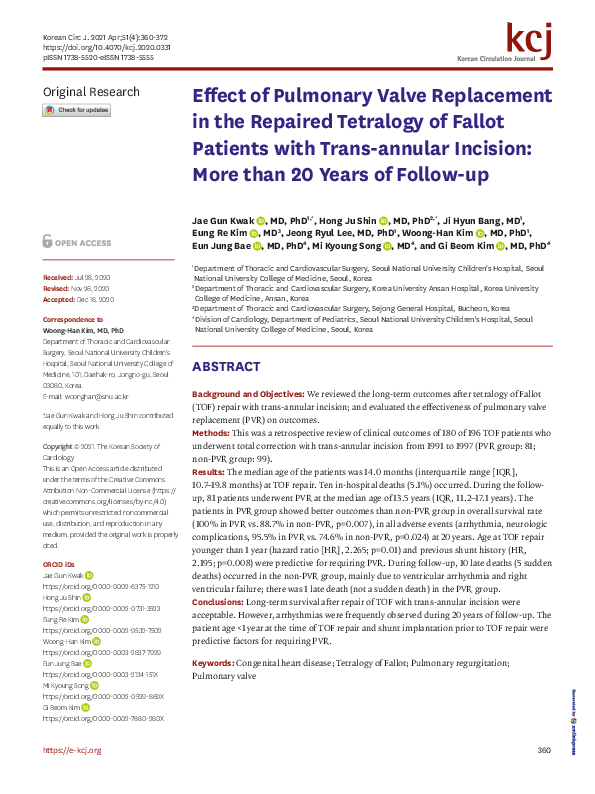(PDF) Effect of Pulmonary Valve Replacement in the Repaired Tetralogy of Fallot Patients with ...