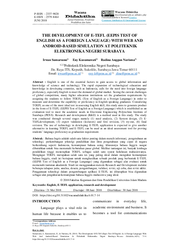 (PDF) The Development Of E-Tefl (Eepis Test Of English As A Foreign ...
