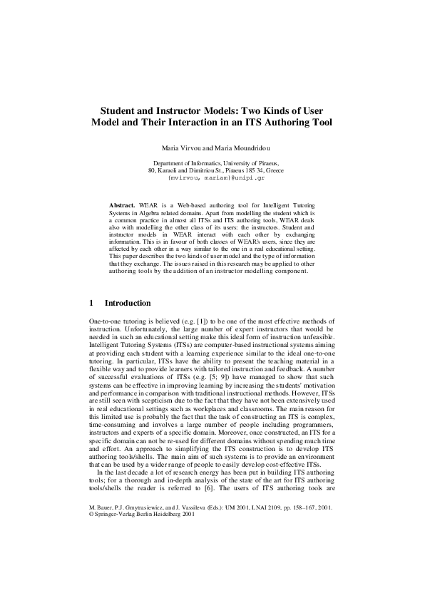 (PDF) Student and Instructor Models: Two Kinds of User Model and Their Interaction in an ITS ...