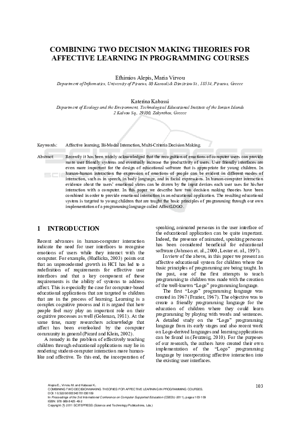 (PDF) Combining Two Decision Making Theories for Affective Learning in Programming Courses