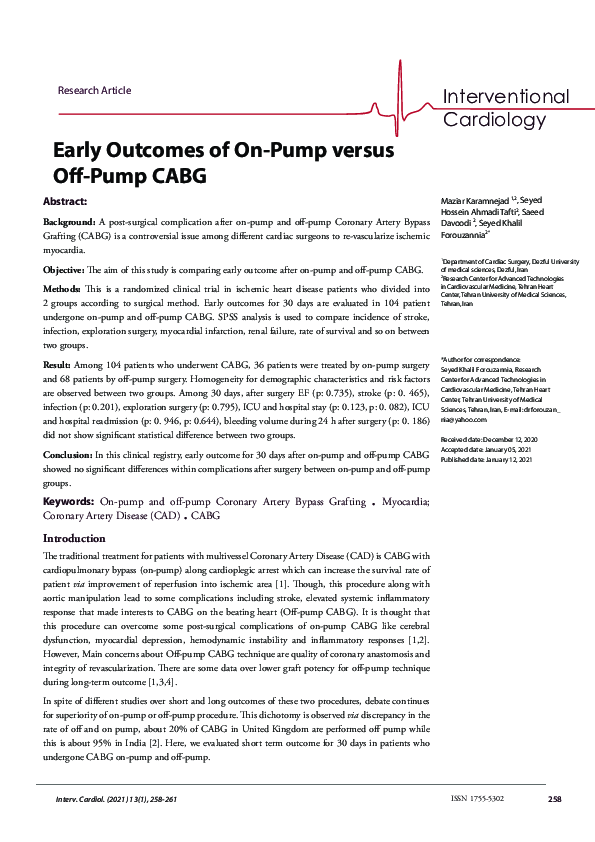 (PDF) Early Outcomes of On-Pump versus Off-Pump CABG