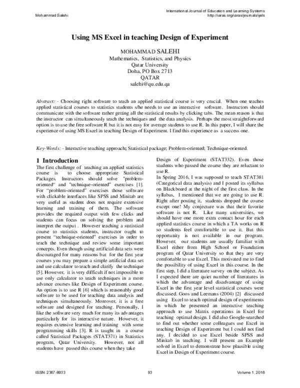 (PDF) Using MS Excel in Teaching Design of Experiment