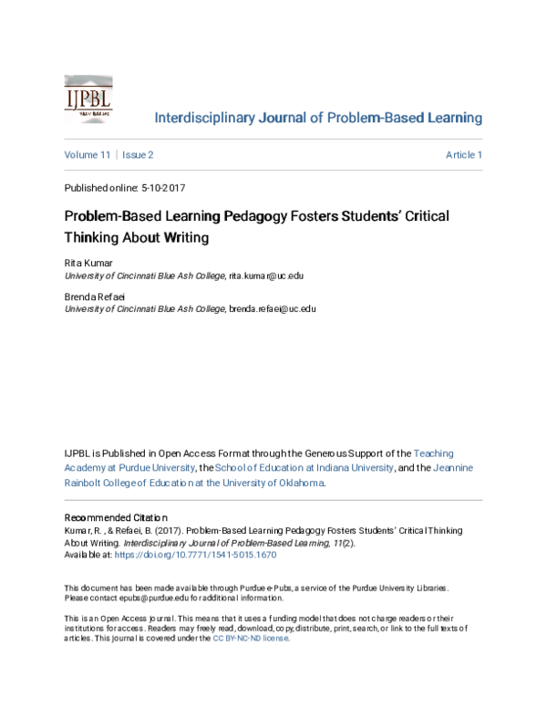 (PDF) Problem-Based Learning Pedagogy Fosters Students’ Critical Thinking About Writing