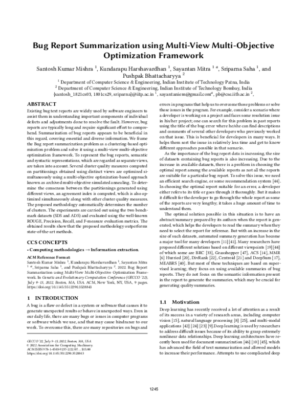 Pdf Bug Report Summarization Using Multi View Multi Objective Optimization Framework