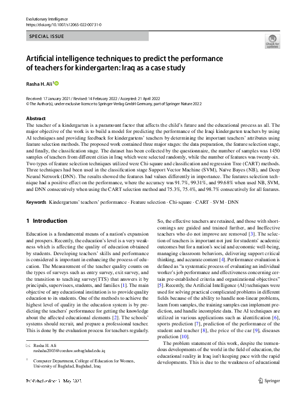 (PDF) Artificial intelligence techniques to predict the performance of teachers for kindergarten ...