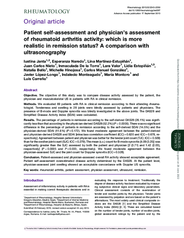 (PDF) Patient self-assessment and physician's assessment of rheumatoid ...