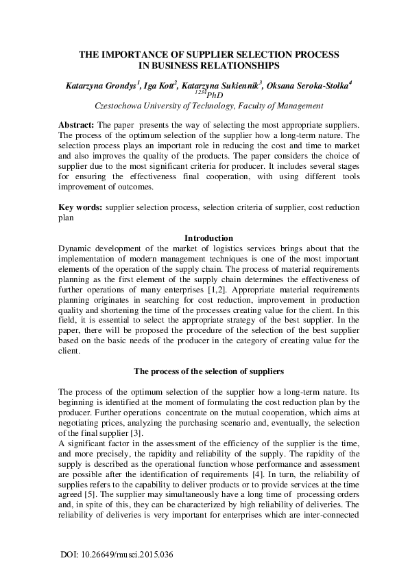 (PDF) The Importance of Supplier Selection Process in Business Relationships