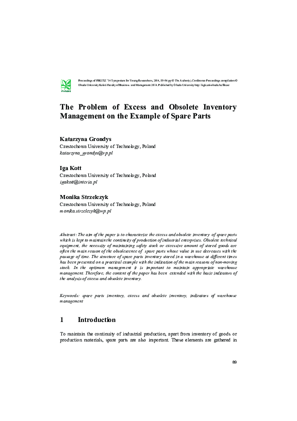 (PDF) The Problem of Excess and Obsolete Inventory Management on the ...