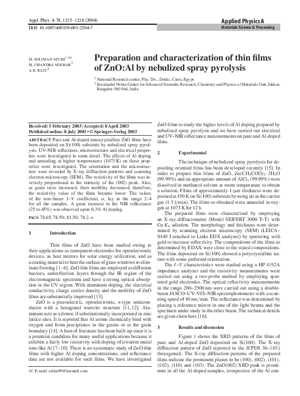 (PDF) Preparation and characterization of thin films of ZnO:Al by nebulized spray pyrolysis