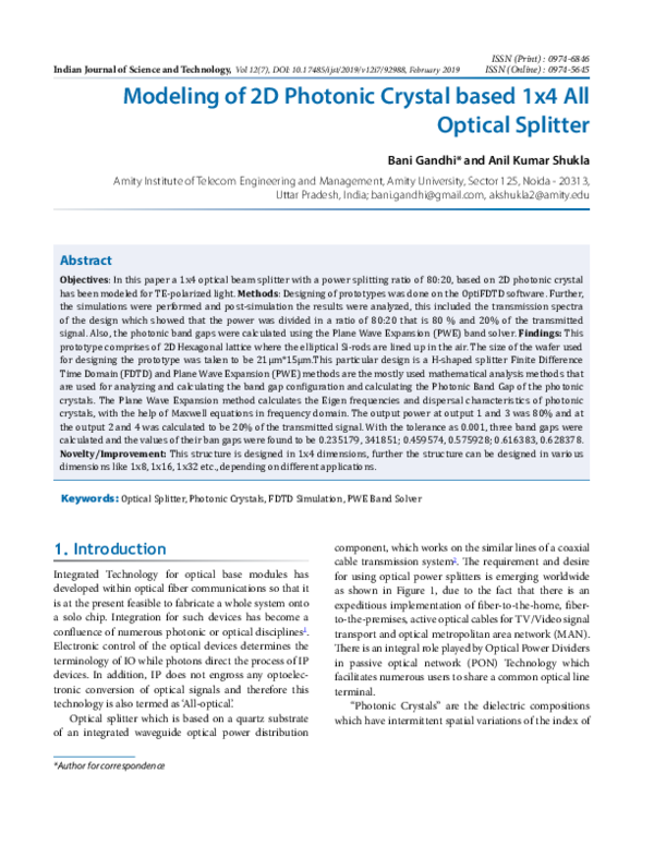 (PDF) Modeling of 2D Photonic Crystal based 1x4 All Optical Splitter