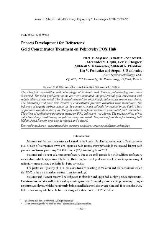 (PDF) Process Development for Refractory Gold Concentrates Treatment on ...