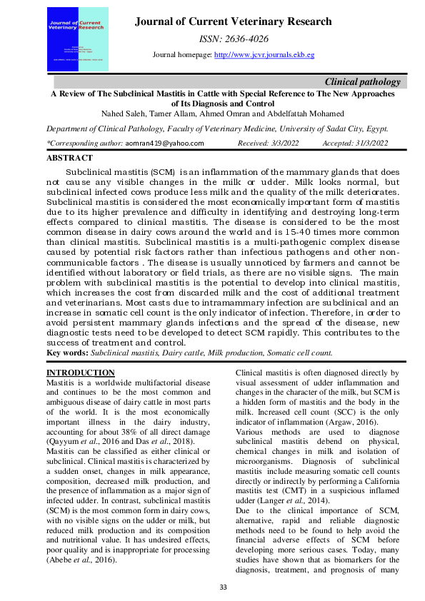 (PDF) A Review of The Subclinical Mastitis in Cattle with Special ...