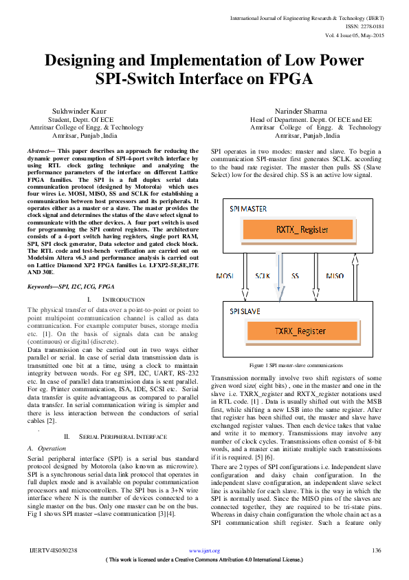 (PDF) Designing and Implementation of Low Power SPI-Switch Interface on FPGA