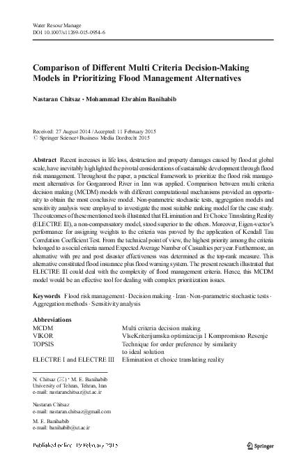 Pdf Comparison Of Different Multi Criteria Decision Making Models In Prioritizing Flood