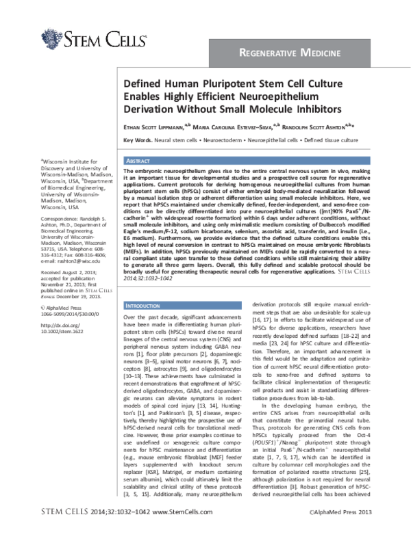 (PDF) Defined Human Pluripotent Stem Cell Culture Enables Highly Efficient Neuroepithelium ...