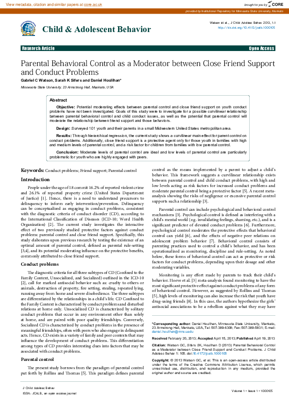 (PDF) Parental Behavior Control as a Moderator Between Close Friend ...