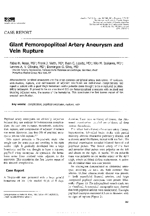 (PDF) Giant femoropopliteal artery aneurysm and vein rupture | Frank ...