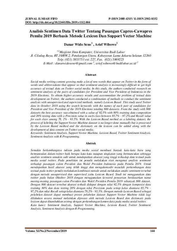 (PDF) Analisis Sentimen Data Twitter Tentang Pasangan Capres-Cawapres Pemilu 2019 Dengan Metode ...
