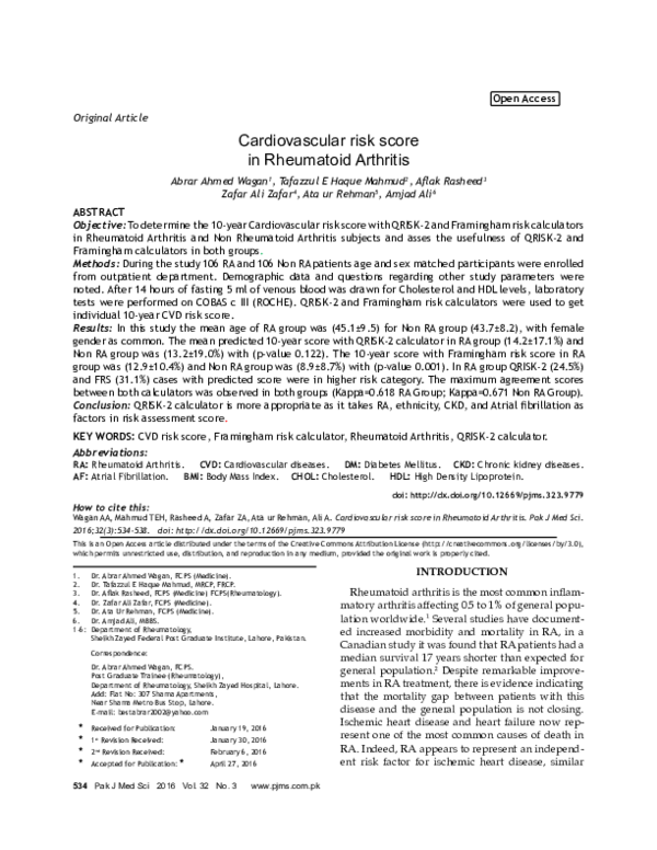 (PDF) Cardiovascular risk score in Rheumatoid Arthritis