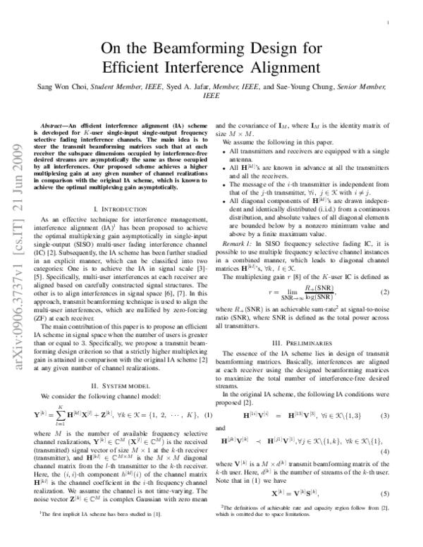 (PDF) On the beamforming design for efficient interference alignment