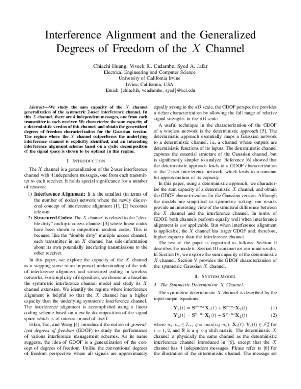 (PDF) Interference Alignment and the Generalized Degrees of Freedom of the $X$ Channel