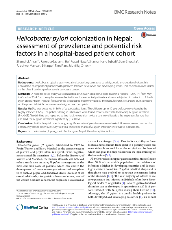 (PDF) Helicobacter pylori colonization in Nepal; assessment of ...
