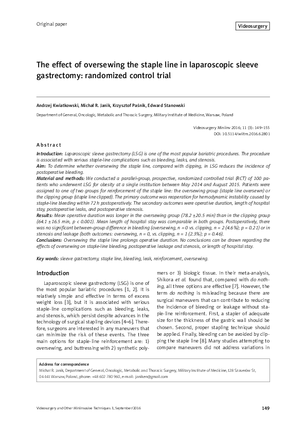 (PDF) The effect of oversewing the staple line in laparoscopic sleeve ...