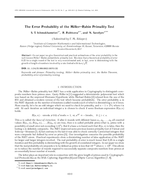 (PDF) The Error Probability of the Miller–Rabin Primality Test