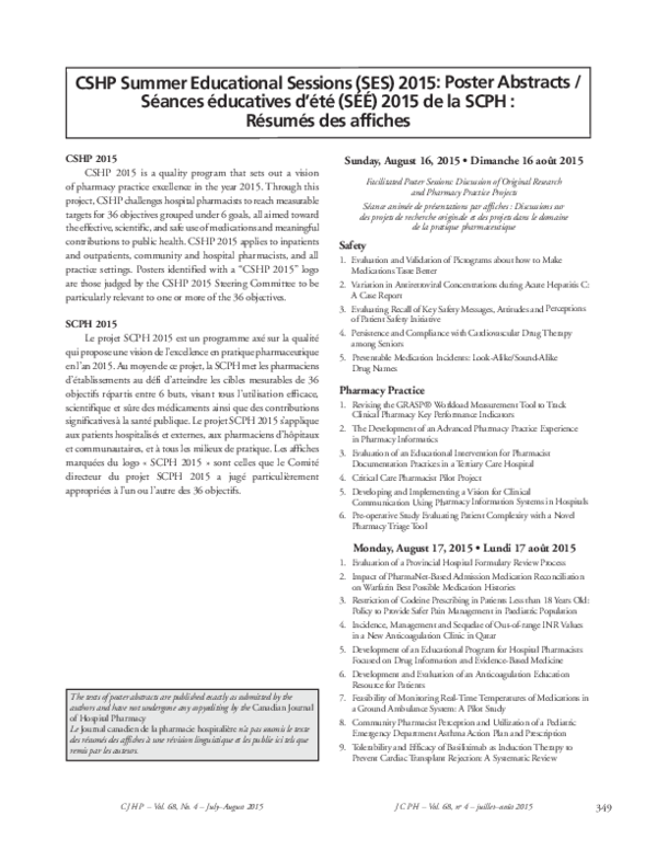 (PDF) CSHP Summer Educational Sessions (SES) 2015: Poster Abstracts ...