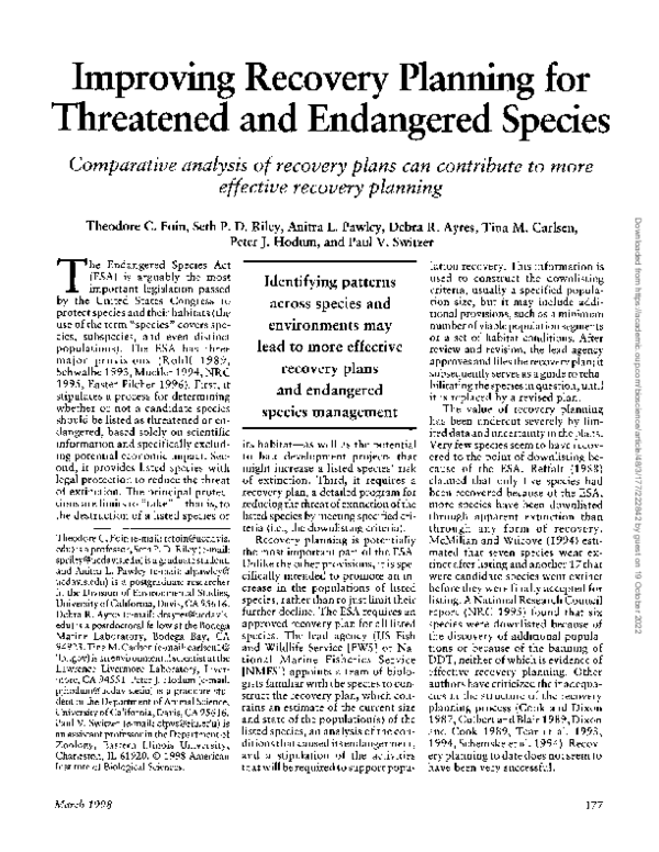(PDF) Improving Recovery Planning for Threatened and Endangered Species