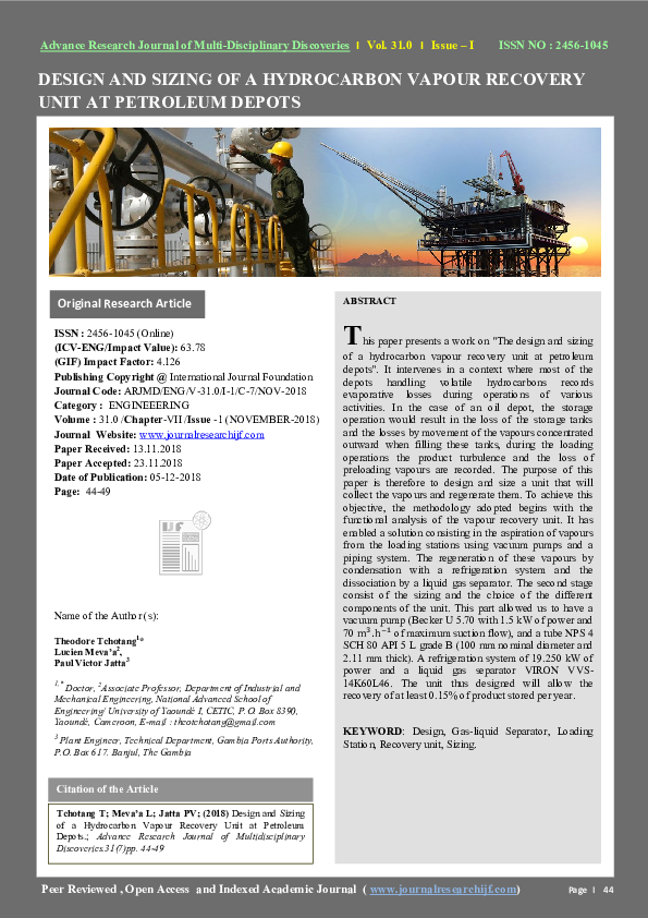 (PDF) DESIGN AND SIZING OF A HYDROCARBON VAPOUR RECOVERY UNIT AT ...