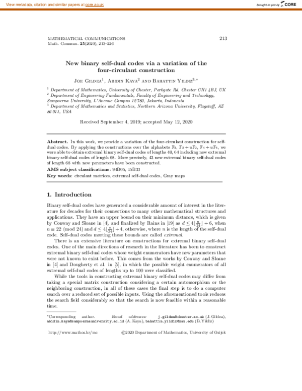 (PDF) New binary self-dual codes via a variation of the four-circulant ...