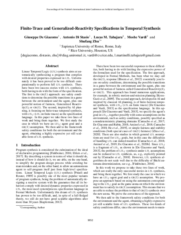 (PDF) Finite-Trace and Generalized-Reactivity Specifications in Temporal Synthesis